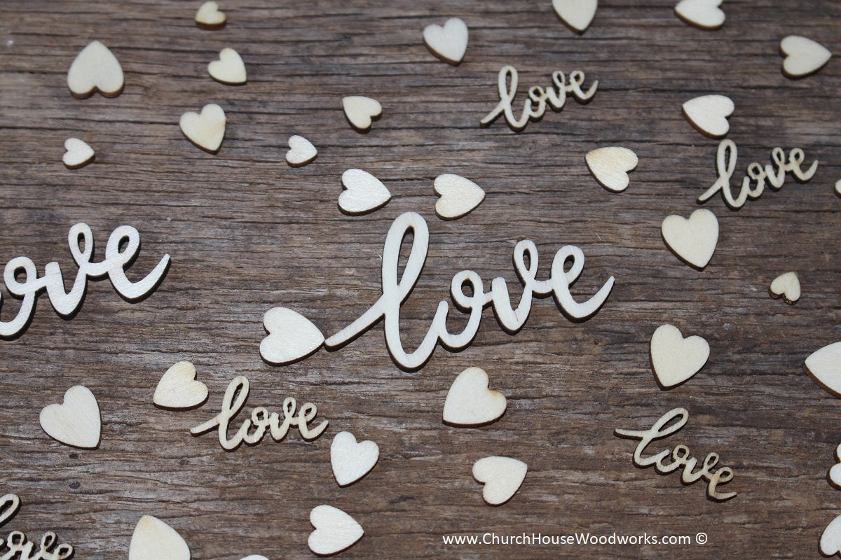 Wooden Cursive love Words and Mini Heart Mix