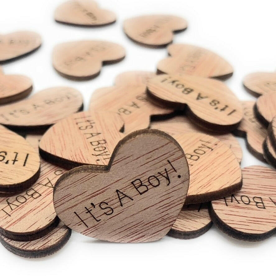 100 pcs “It’s a Boy” Wood Hearts – Baby Shower Laser Cut Craft Cutouts